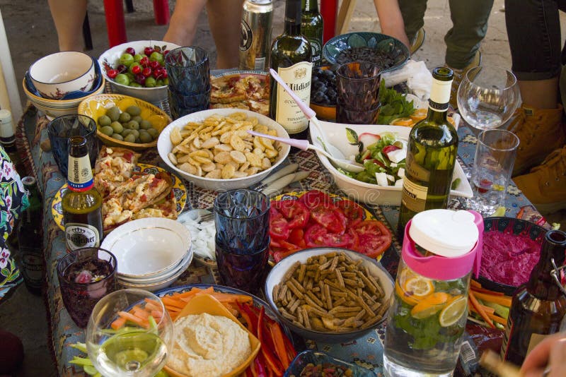 Full Table View, People Hands and Eating Process. Friends at the Table ...