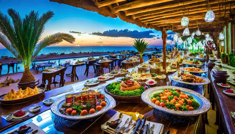 Full tables of food stock illustration. Illustration of dish - 307435977