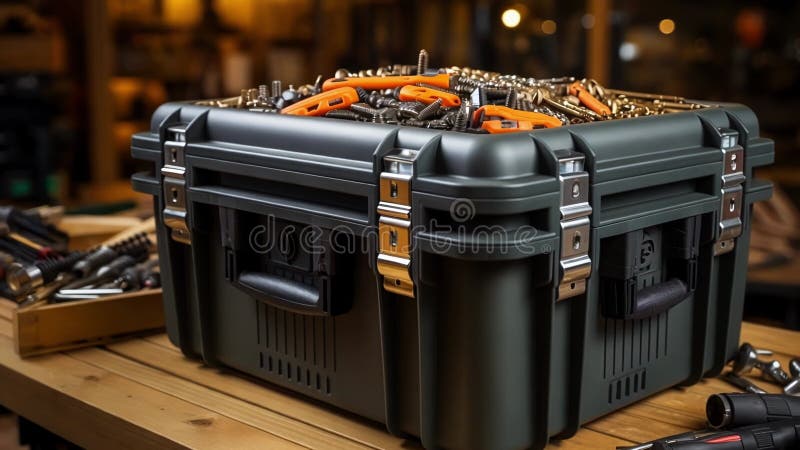 Large Plastic Waterproof Tool Box Sitting on Workbench Full of Tools ...