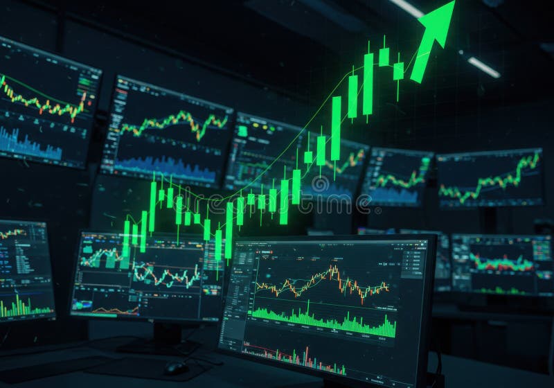 A Full Trading Wall with Multiple Screens, Glowing Green Uptrends Stock ...