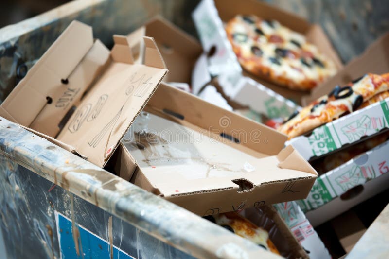 Full Trash Bin with Discarded Pizza Boxes and Takeout Containers Stock ...
