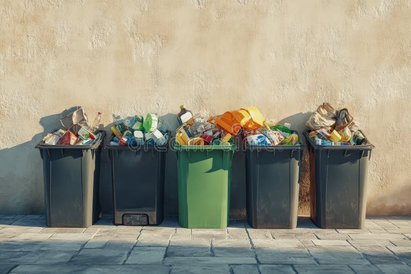 Full Trash Bins by Beige Wall Stock Illustration - Illustration of ...