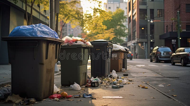 Full Trash Can Standing on the Sidewalk of the Street, Environmental ...