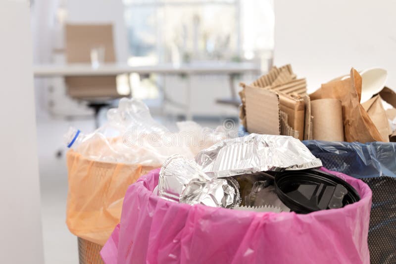 Full Trash Cans in Modern Office. Waste Recycling Stock Photo - Image ...
