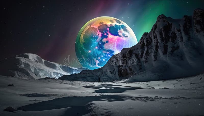 A Full View of a Mountain Range with a Colorful Moon in the Sky Stock ...