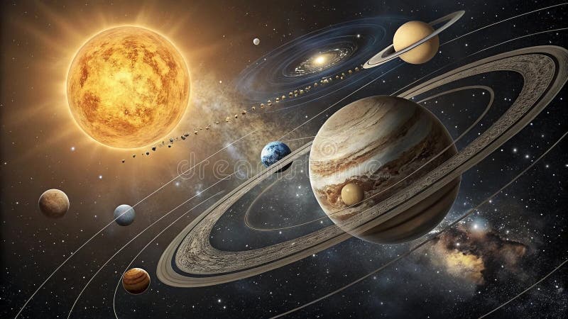Solar System Overview with Planets and Sun Stock Illustration ...