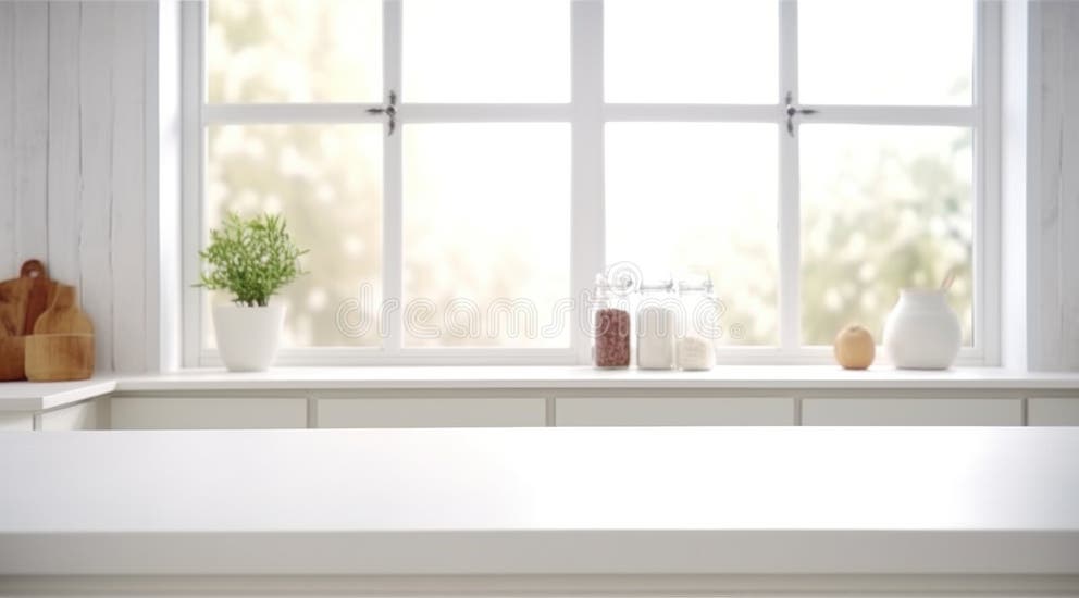 Full View of White Kitchen Table and Windows White Kitchen Stock Image ...