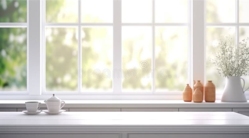 Full View of White Kitchen Table and Windows White Kitchen Stock Image ...