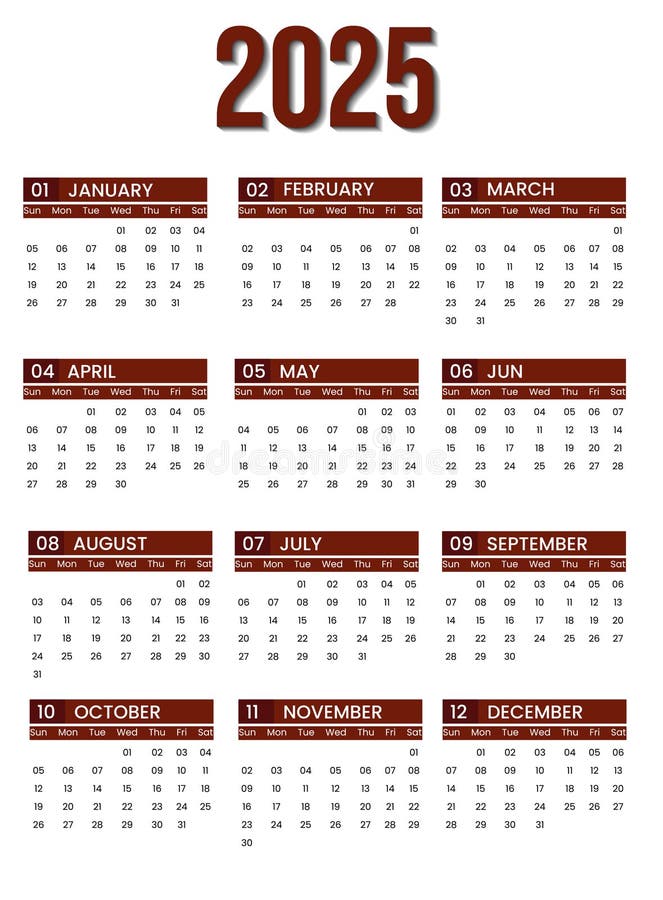 2025 Full Year Calendar in Deep Red and White Stock Vector ...