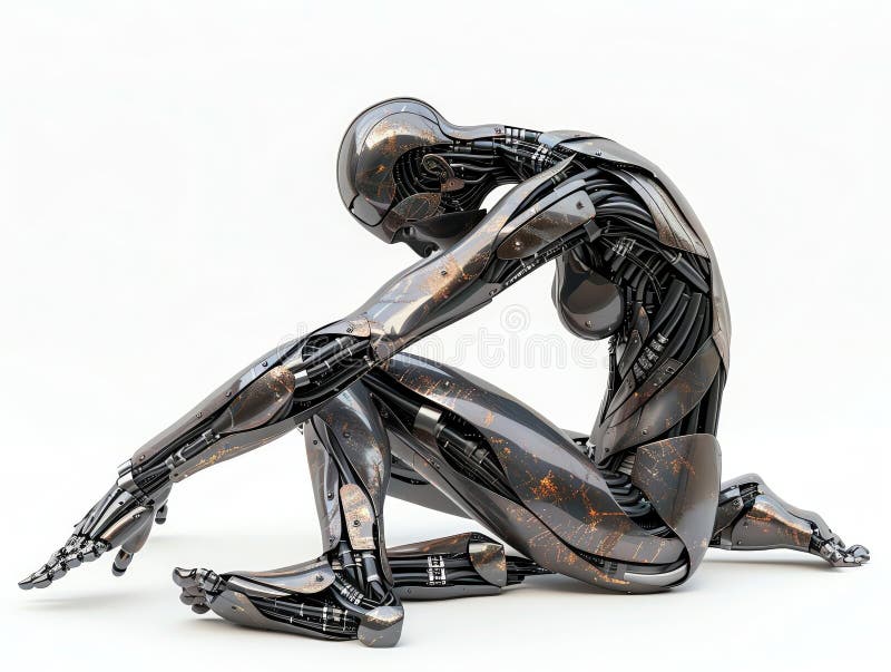Fullbody Android Practicing Yoga, Flexibility Pose, Metallic Finish ...