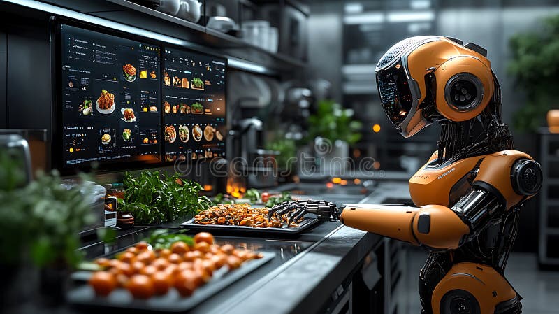Fully Automated Kitchen with Robot Chef Preparing Food, Showcasing ...