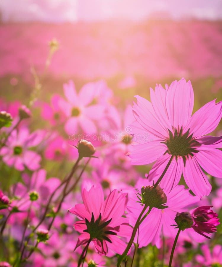 Fully Blooming Pink Cosmos Flowers are Shining in the Light Stock Photo ...