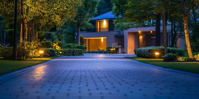 Fully Blurred Luxury Villa Driveway with Soft Twilight Lighting Stock ...