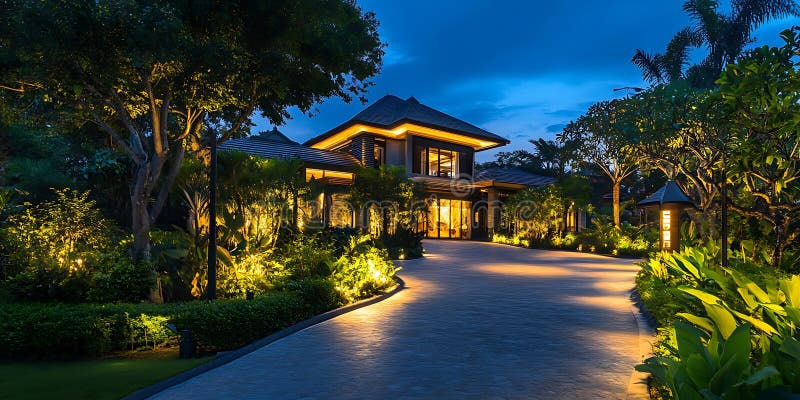 Fully Blurred Luxury Villa Driveway with Soft Twilight Lighting Stock ...