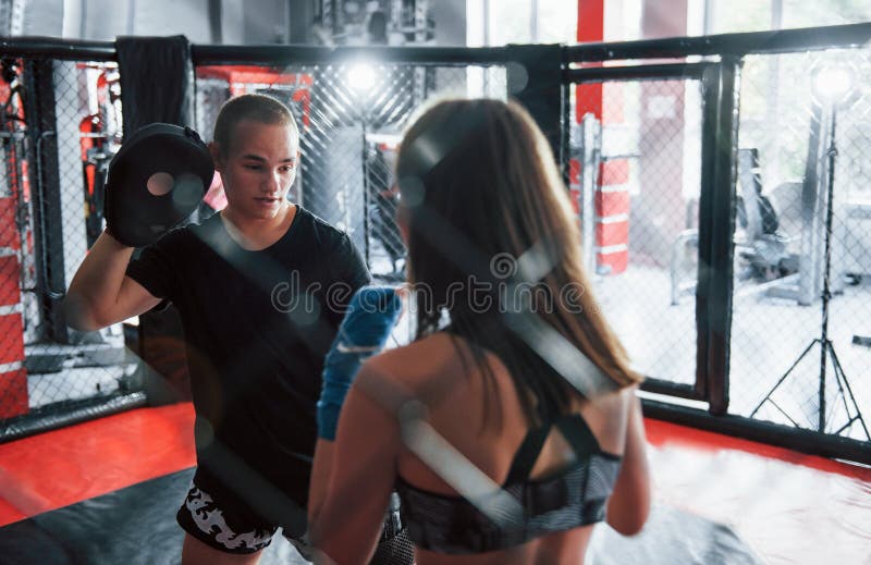 Fully Concentrated. Athletic Young People Have Sparring on the Boxing ...