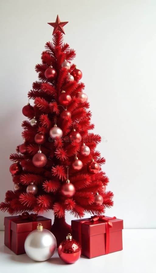 Fully Decorated Red Christmas Tree Against White Backdrop , Vertical ...