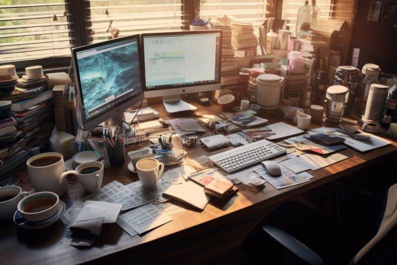 A Fully-equipped Desk with a Pair of Computer Monitors and a Keyboard ...