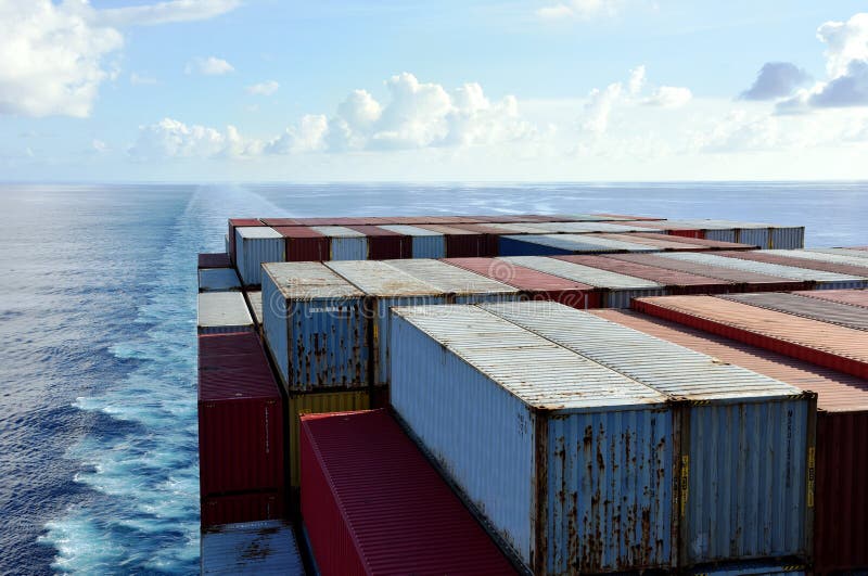Stack of the Containers Loaded on the Aft of the Cargo Ship. Stock ...