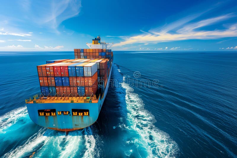 Fully Loaded Container Ship Sailing in Vibrant Blue Ocean Under Clear ...