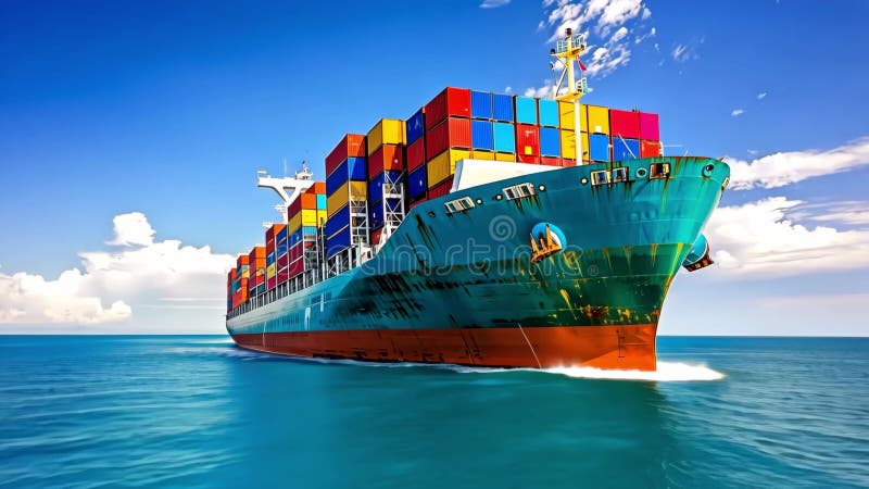Fully Loaded Container Ship Sailing in Vibrant Blue Ocean Under Clear ...