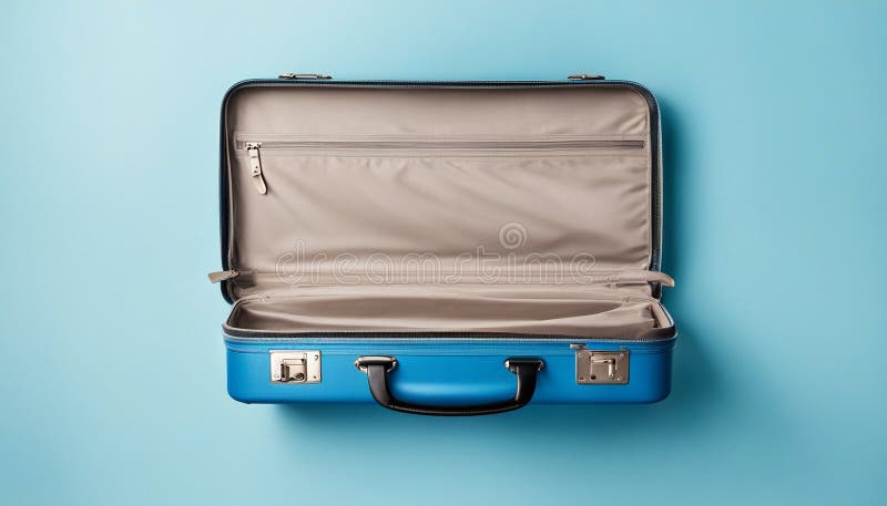 Fully Opened Blue Suitcase, on a Blue Background, Top View. Vacation ...