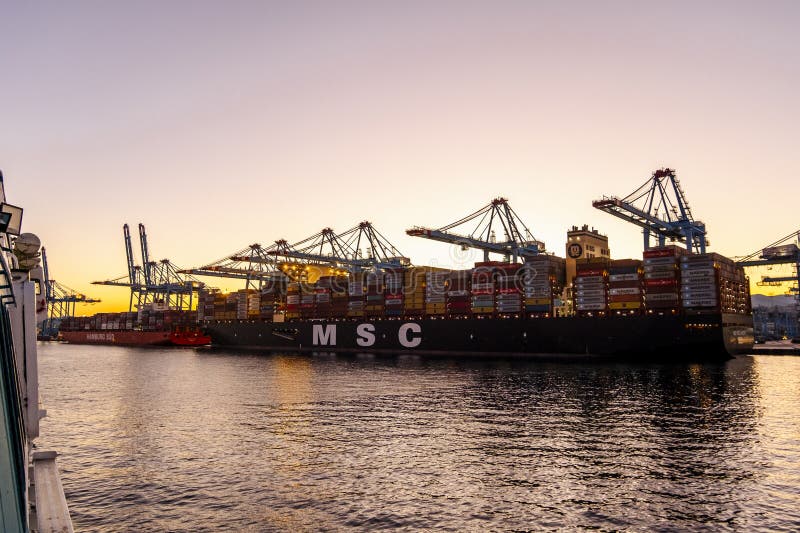 Fully Packed Container Ship in the Port during Sunset Editorial Stock ...