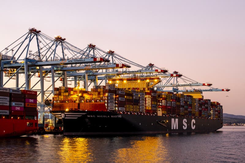 Fully Packed Container Ship in the Port during Sunset Editorial Image ...