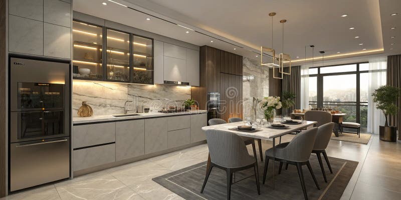 3D Rendering of a Modern Kitchen with Dining Table and Chairs Stock ...