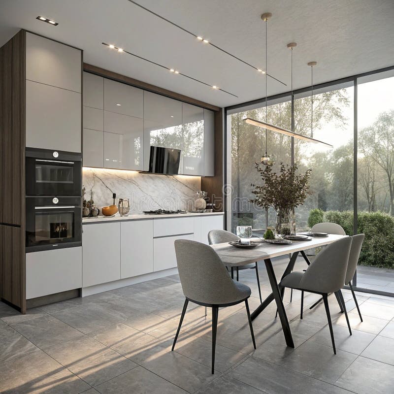 3D Rendering of a Modern Kitchen with Dining Table and Chairs Stock ...