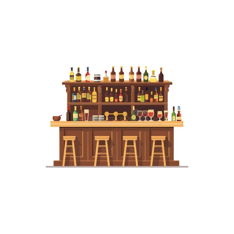 Fully Stocked Bar Counter with Various Drinks. Vector Illustration ...