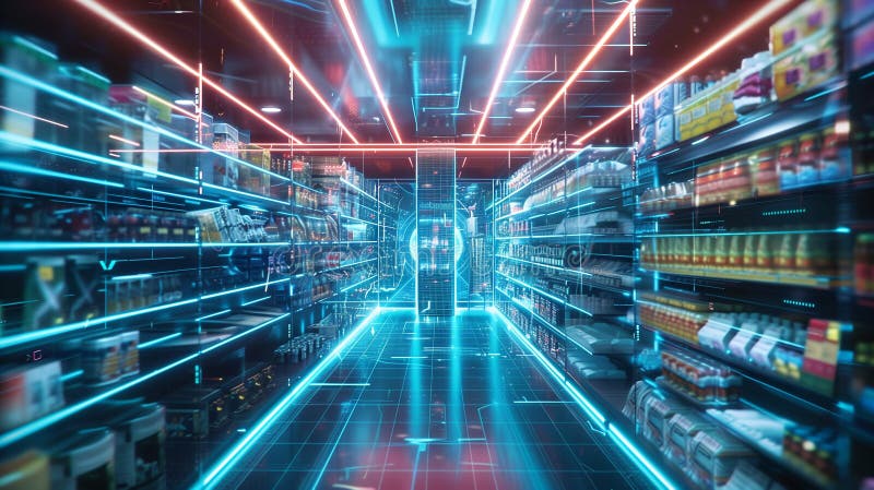 Fully-Stocked Grocery Store with Rows of Food Shelves, Holographic ...