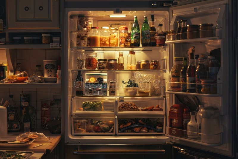 Fully Stocked Home Refrigerator with Diverse Food Items at Night Stock ...