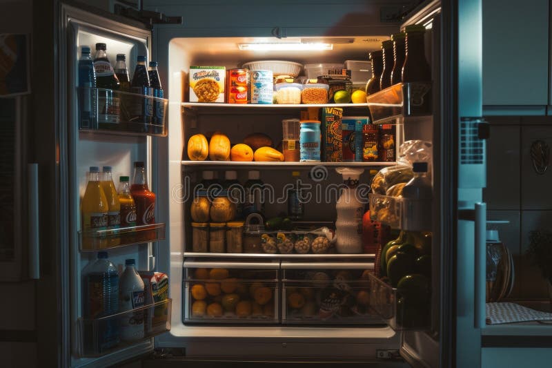 Fully Stocked Modern Refrigerator Illuminated at Night with Healthy ...