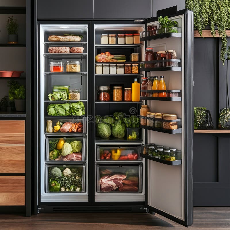 Fully Stocked Open Refrigerator with Fresh Food and Vegetables in ...