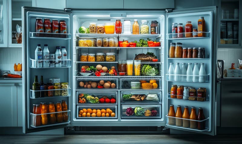 Fully Stocked Refrigerator with Fresh Produce and Beverages Stock Photo ...