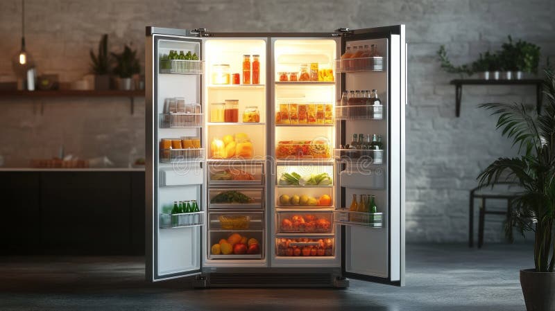 Fully Stocked Refrigerator with Fresh Produce and Beverages in Modern ...