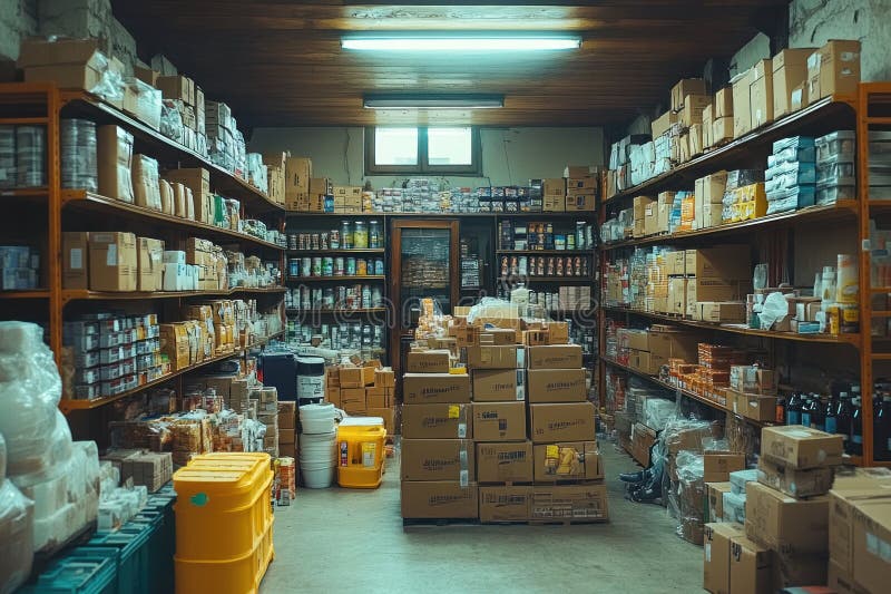 Fully Stocked Warehouse with Packed Shelves of Goods and Cardboard ...
