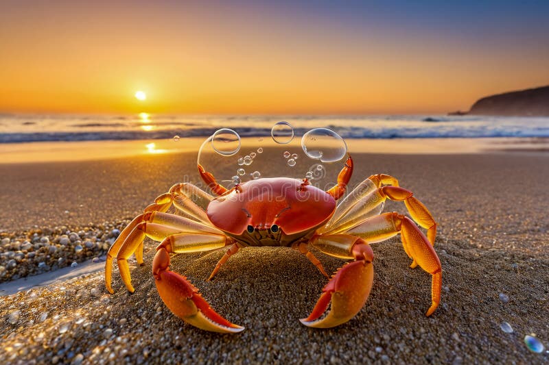 Fully Unusual Crab on the Beach and Sunset Stock Image - Image of sand ...