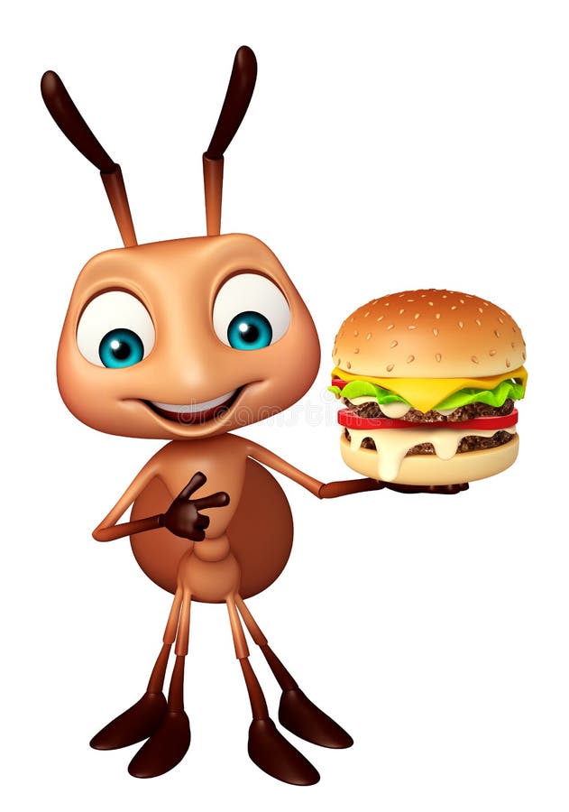 Fun Ant Cartoon Character with Burger Stock Illustration - Illustration ...