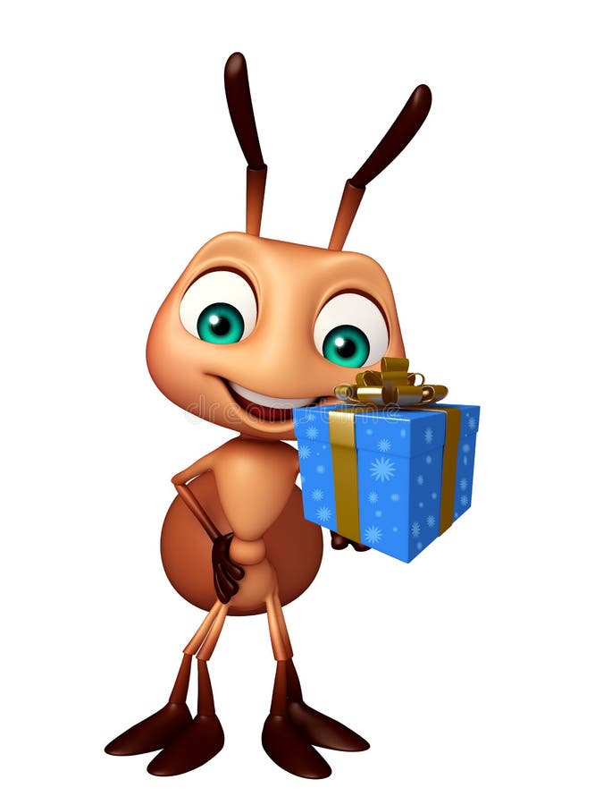 Fun Ant Cartoon Character with Gift Box Stock Illustration ...