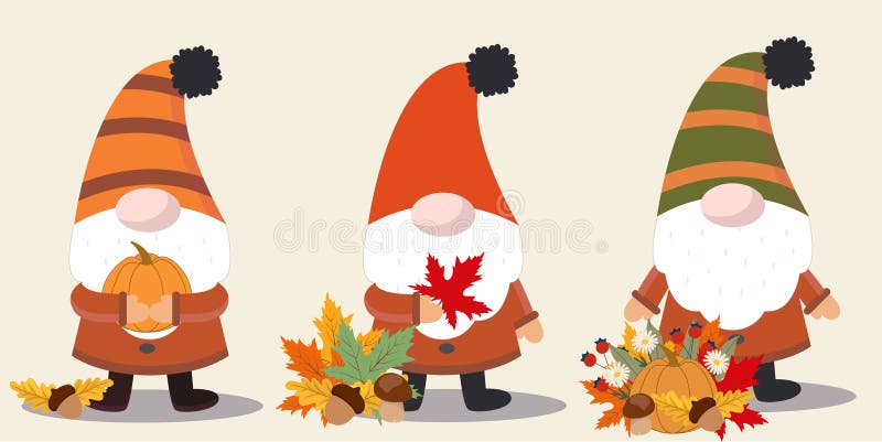 Autumn Gnomes Holding Pumpkins, Leaves, and Acorns with Fall ...