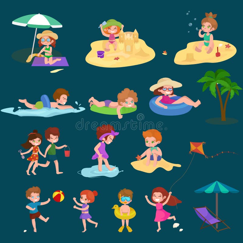 Fun at Beach. Happy Kids Sand Around Water Stock Vector - Illustration ...