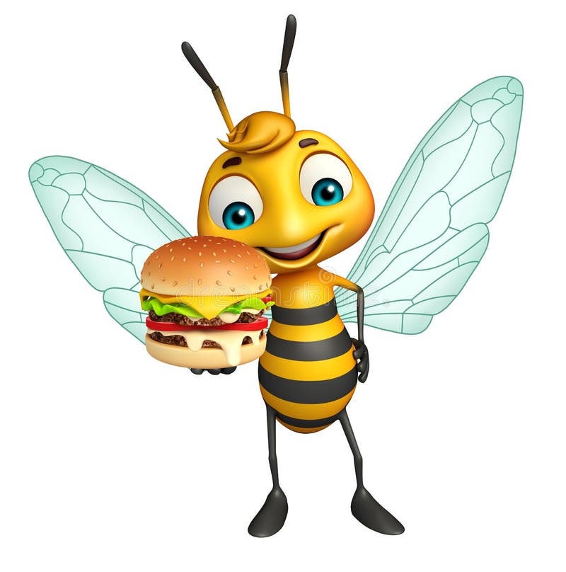 Fun Bee Cartoon Character with Burger Stock Illustration - Illustration ...