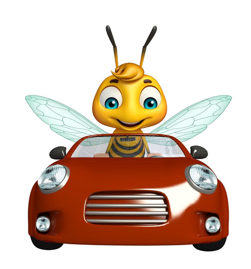 Fun Bee Cartoon Character with Car Stock Illustration - Illustration of ...