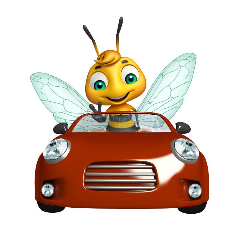 Fun Bee Cartoon Character with Car Stock Illustration - Illustration of ...