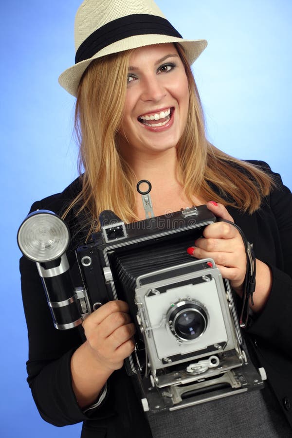 Fun Blond Female Holding Old Camera Stock Photo - Image of hair, female ...