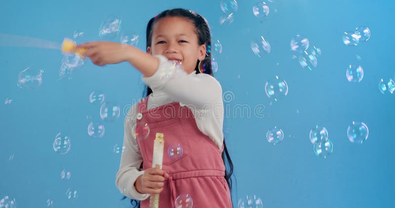 Fun, Blow and Girl in Studio with Bubbles for Magic, Playing and Games for Growth, Development ...
