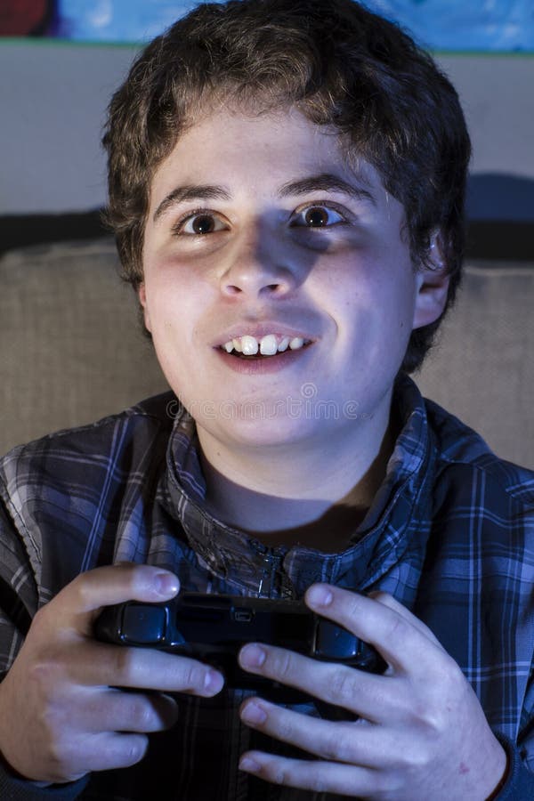 Fun Boy with Joystick Playing Computer Game at Home. Stock Photo ...