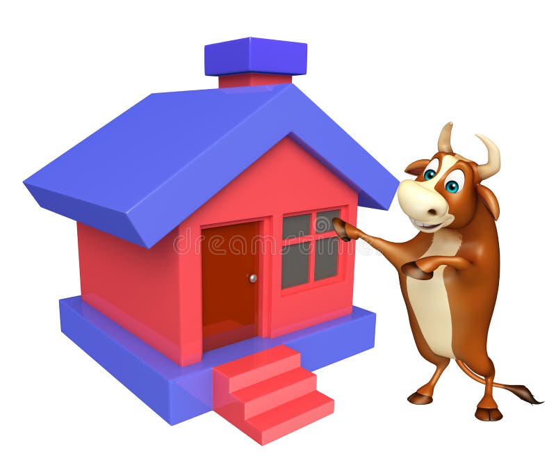 Fun Bull Cartoon Character with Home Stock Illustration - Illustration ...
