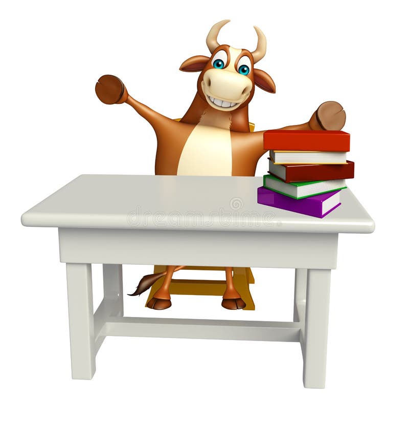 Fun Bull Cartoon Character with Table and Chair and Book Stack Stock ...